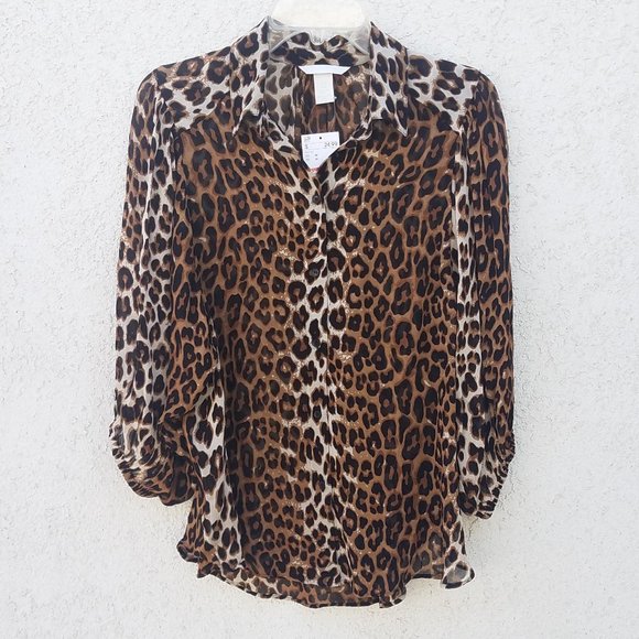 H&M | Tops | Leopard Print Button Up Blouse With Puff Sleeves | Poshmark